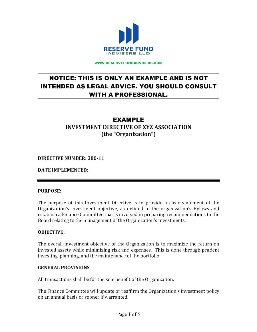 Sample Investment Policy Reserve Fund Advisers